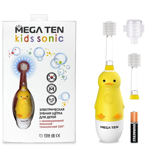  звуковая зубная щетка MEGA Ten Kids Sonic Утенок в наборе, желтый/белый