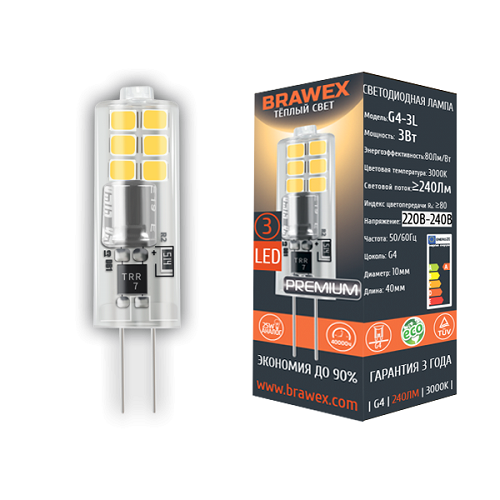 Упаковка светодиодных ламп BRAWEX G4 3W 3000К G4-3L (10 шт)