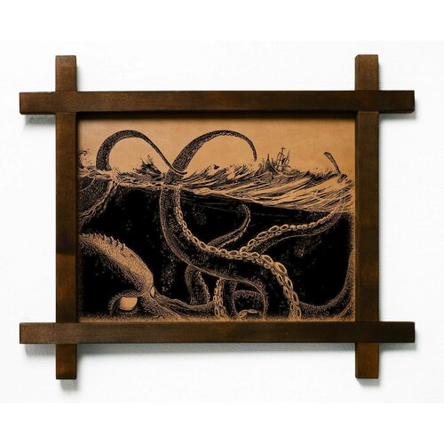 Картина "Море Кракен", интерьерная для украшения и декора на стену кухни гостиной детской комнаты спальни в деревянной рамке, подарок, натуральная кожа, BoomGift