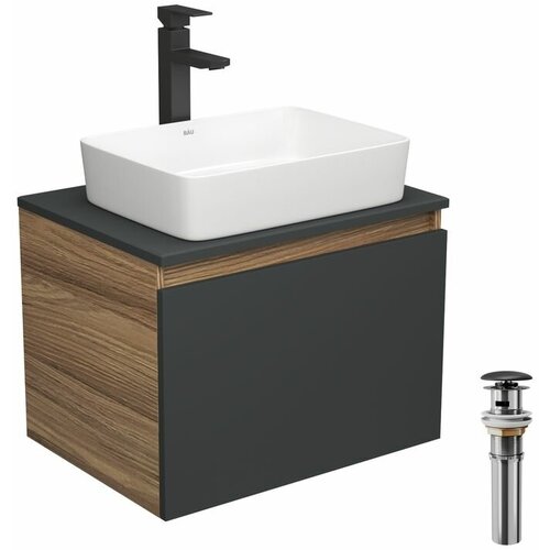 Комплект для ванной, 4 предмета (тумба Bau 60, графит + раковина BAU Hotel 48х37 + смеситель Hotel Black, выпуск клик-клак, черный)