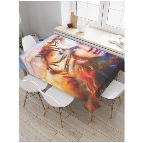 Скатерть прямоугольная JoyArty "Волшебная девушка с тигром" из сатена, 120x145 см