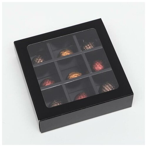 Коробка картонная с обечайкой под 9 конфет, черная, 13,7x13,7x3,5 см