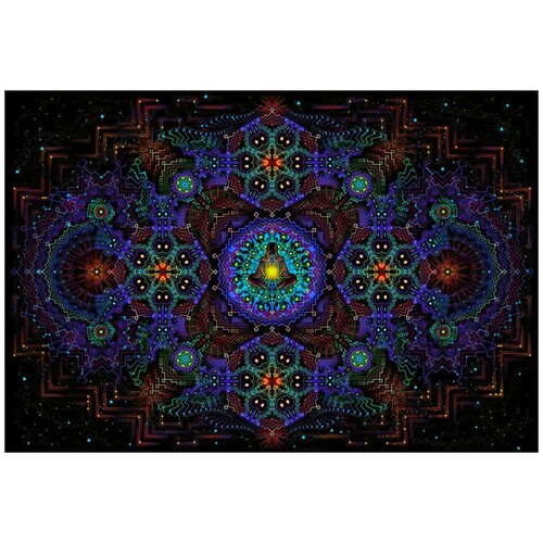 УФ-Фон (полотно) "Fractal Depths", 50x75 см. Фрактальная картина светящаяся в ультрафиолете с активным флуоресцентным психоделическим рисунком, декор.