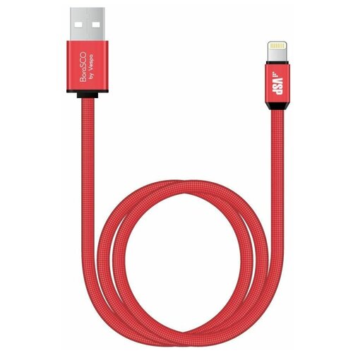 Дата-кабель USB - 8 pin, 3А, 1м, металл, в нейлоновой оплетке, плоский, красный, BoraSCO