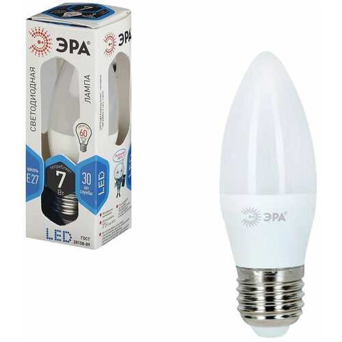 Лампа светодиодная ЭРА, 7 (60) Вт, цоколь E27, "свеча", холодный белый свет, 30000 ч LED smdB35-7w-840-E27, 5 шт.