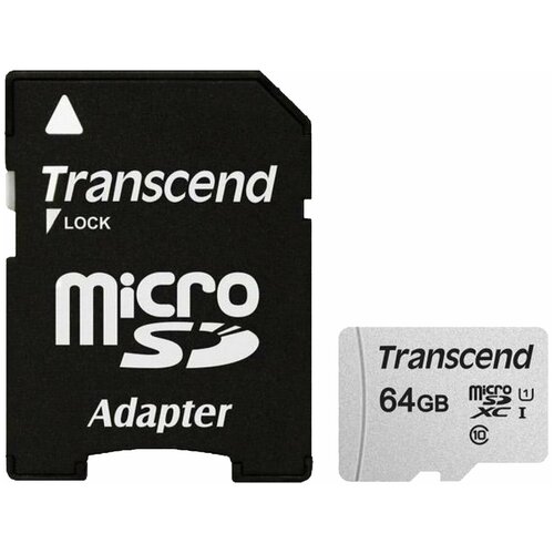 Карта памяти microSDXC 64 GB TRANSCEND UHS-I U1, 95 Мб/сек (class 10), адаптер, TS64GUSD300S-A, 1 шт.