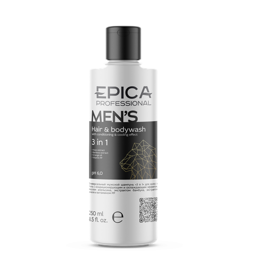EPICA PROFESSIONAL Men's 3 in 1 Универсальный мужской шампунь для волос и тела, 250 мл.