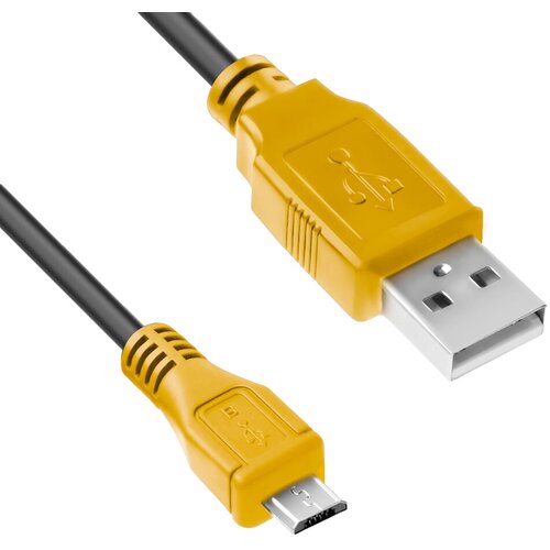 GCR Кабель 1.0m USB 2.0, AM/microB 5pin, черный, желтые коннекторы, 28/28 AWG, экран, армированный, морозостойкий
