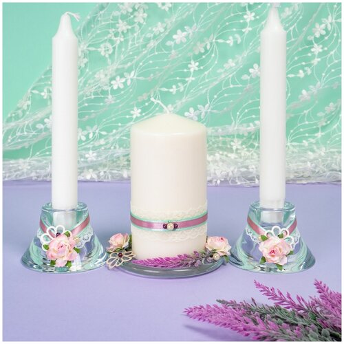 Свадебный набор свечей "Нимфа" для церемонии домашнего очага, с бирюзовыми и розовыми атласными лентами, чайными розами и веточками лаванды