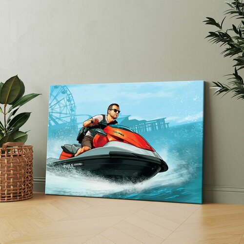 Картина на холсте (Мужчина катается на водном мотоцикле в океане) 20x30 см. Интерьерная, на стену.
