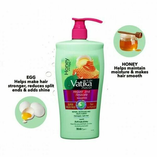 Vatika HONEY AND EGG Repair and Restore Shampoo, Dabur (Ватика МЕД И яйцо Шампунь исцеление И восстановление для поврежденных и секущихся волос, Дабур), 700 мл.