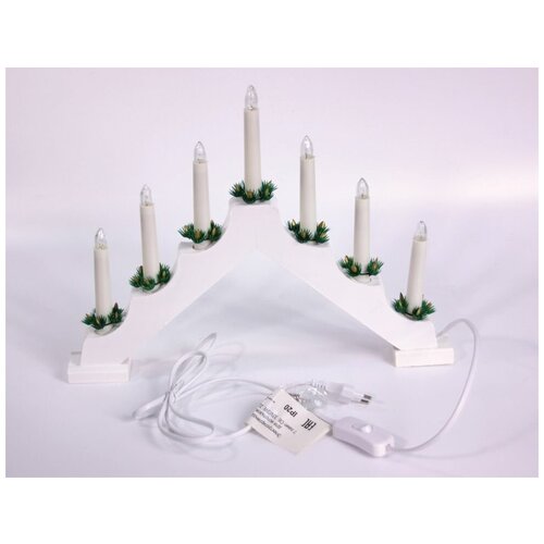 Свечи на белой деревянной подставке - горке, 7 ламп - свечек, 39х30 см, SNOWHOUSE BIE1407