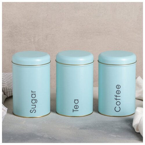 Набор банок для сыпучих продуктов, емкость для хранения Sugar Coffee Tea, 10x17 см, 3 шт, цвет голубой