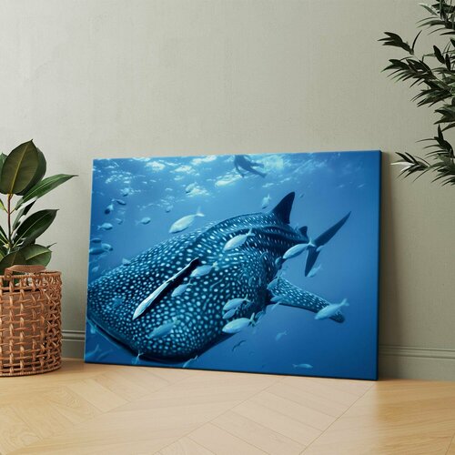 Картина на холсте (Кит плавает в океане со множеством рыб) 40x60 см. Интерьерная, на стену.