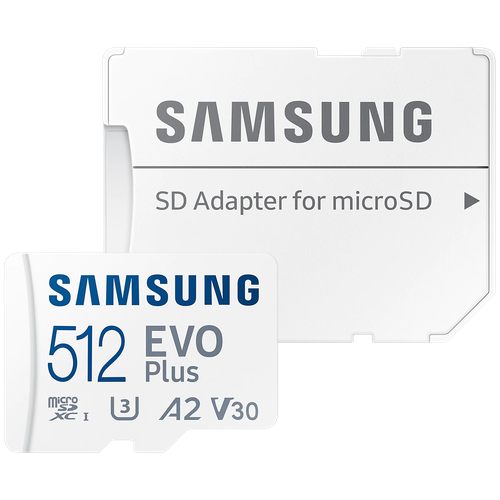 Карта памяти Samsung microSDXC 512 ГБ Class 10, V30, A2, UHS-I, R 130 МБ/с, адаптер на SD, 1 шт., белый