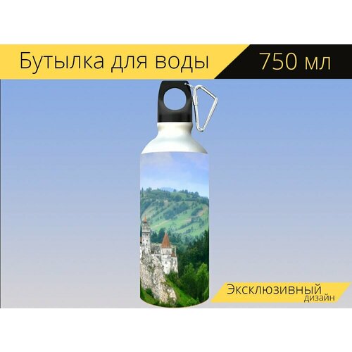 Бутылка фляга для воды "Пейзаж, замок, дракула" 750 мл. с карабином и принтом