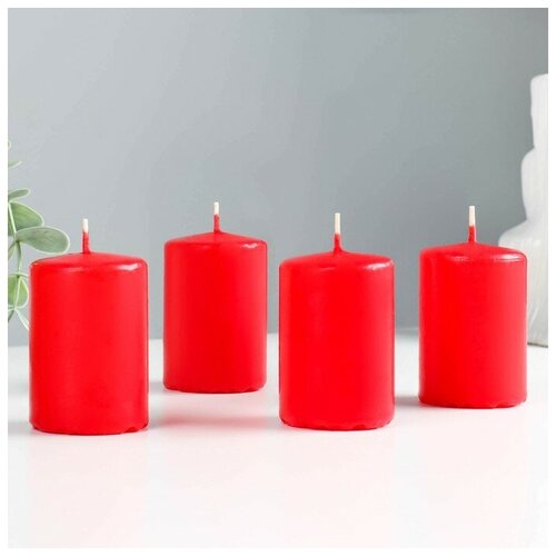 Набор свечей-цилиндров "Интерьерный", 4 шт, 6х4 см, красный