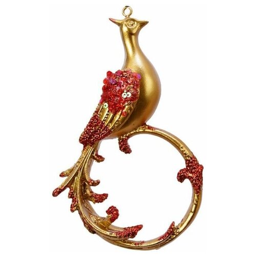 Kaemingk Елочная игрушка Золотистая Пава с алым хвостом 15 см, подвеска 530453