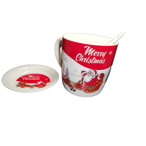 Чайная кружка 250 мл с блюдцем и ложкой набор Дед Мороз
