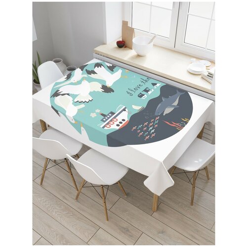 Скатерть прямоугольная JoyArty на кухонный стол "Зубастая акула и чайки" из оксфорда, 180x145 см