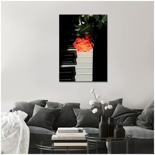 Интерьерная картина на холсте/ картина на стену/ в гостиную /спальню/ - цветок розы на клавишах пианино 50х70
