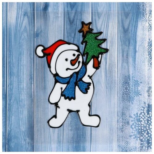 Наклейка на стекло "Снеговик в синем шарфе с ёлкой" 10х15 см, 4 штуки