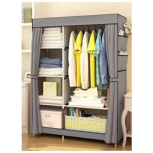 Складной тканевый серый шкаф для хранения вещей / Большой каркасный серебристый шкаф для одежды, белья, обуви