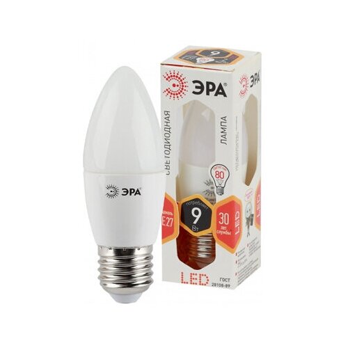Лампочка LED B35-9W-827-E27 ЭРА (диод, свеча, 9Вт, тепл, E27) (10/100/3500)