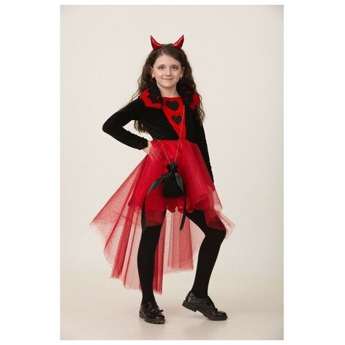 Карнавальный костюм "Дьяволица", платье, ободок с рожками, сумочка, р. 34, рост 134 см
