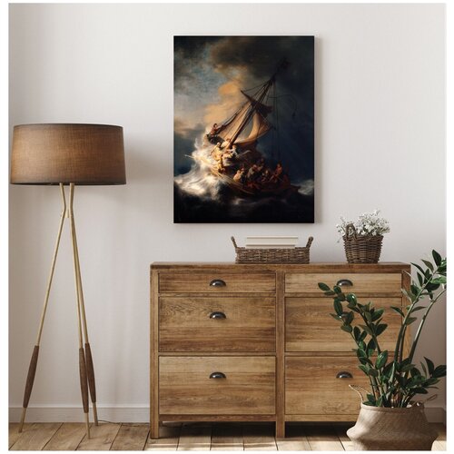 Репродукция Рембрандта Харменса "Христос в шторм на Галилейском море" / 60х80 / Интерьерная картина на холсте / в кухню / в спальню / в гостиную
