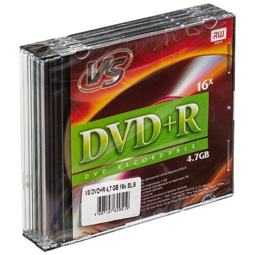 Комплект 4 упаковок, Носители информации DVD+R, 16x, VS, Slim/5, VSDVDPRSL501