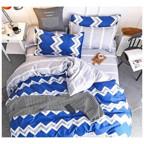 Комплект постельного белья Grazia Textile Zigzag Blue M011, 2-спальное с европростыней, сатин, Zigzag Blue