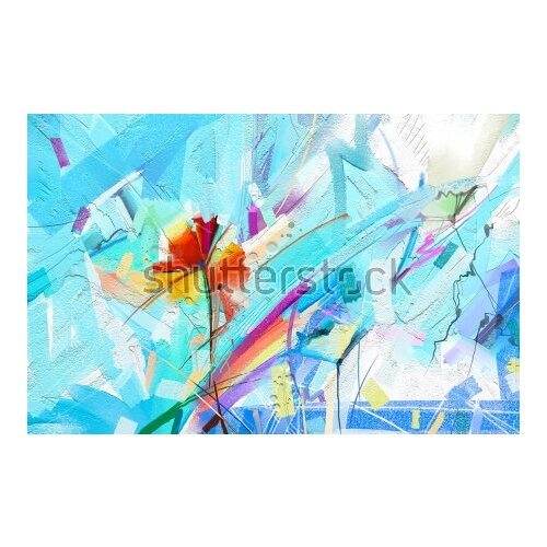 Постер на холсте Яркая композиция в оттенках голубого цвета с яркими цветами 77см. x 50см.