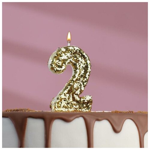 Свеча в торт «Блестки», цифра "2", золото, 6.5х4