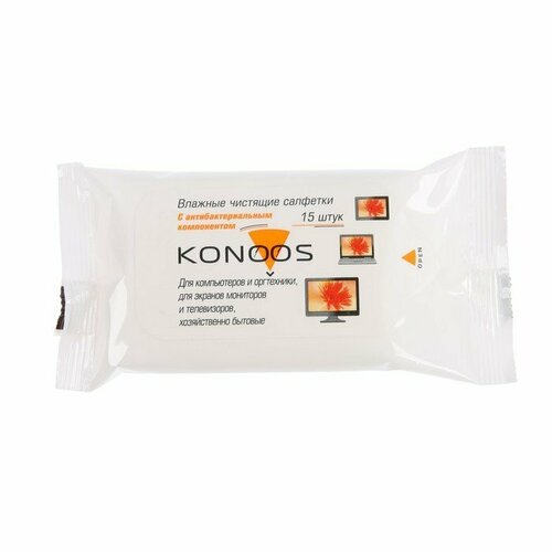 Салфетки для очистки техники Konoos KSN-15, влажные, для экранов, уп, 15 шт (комплект из 16 шт)