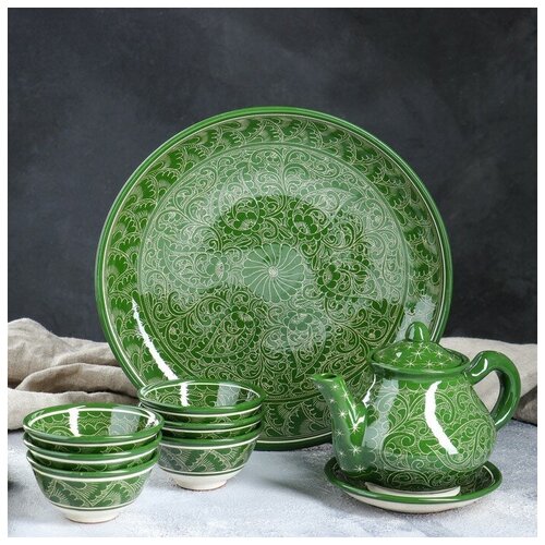 Шафран Набор чайный, риштанская роспись, 9 предметов, зелёный: чайник 0.8 л, пиалы 0.3 л