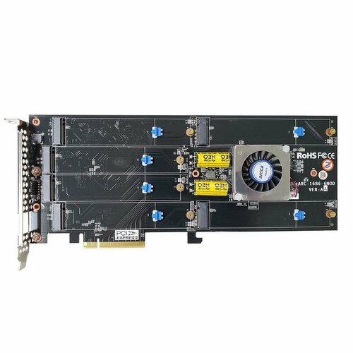 Areca RAID-контроллер Areca ARC-1686-6NOD PCIe 4.0 x8 Full Height, 6 x M.2 Connector, Tri-mode interface at each M.2 bays - 12Gb/s SAS/SATA / Gen 4.0 PCIe (NVMe), RAID 0,1,10, JBOD, Hold-up Supercapacitor Onboard, RTL ARC-1686-6NOD