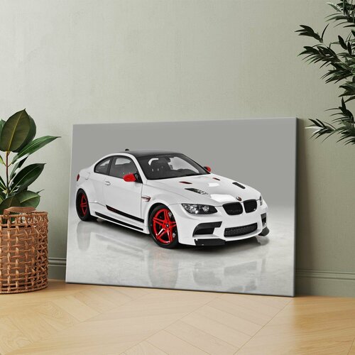 Картина на холсте (Белый автомобиль BMW с красными дисками) 20x30 см. Интерьерная, на стену.