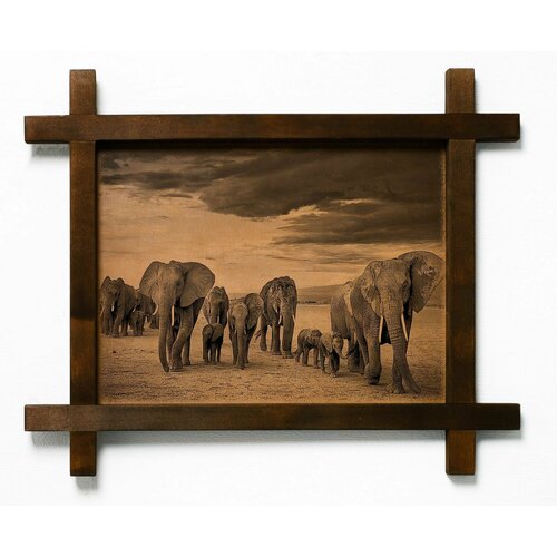 Картина "Слоны", интерьерная для украшения и декора на стену кухни гостиной детской комнаты спальни в деревянной рамке, подарок, натуральная кожа, BoomGift