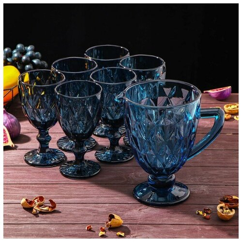 Набор питьевой из стекла «Круиз», 7 предметов: кувшин 1,1 л, бокалы 300 мл, 6 шт, цвет синий