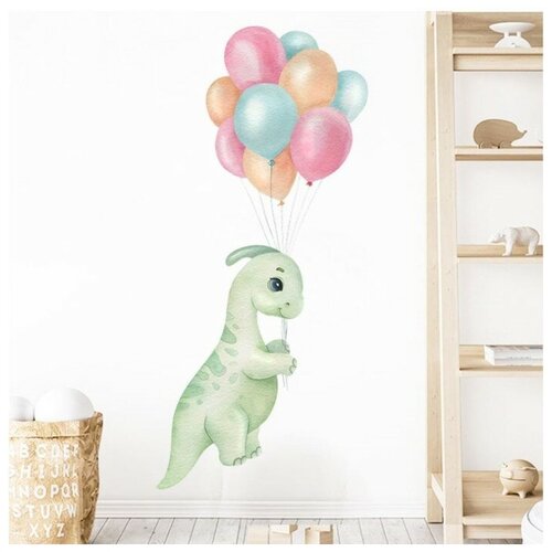Наклейка пластик интерьерная цветная "Динозаврик зелёный с воздушными шарами" 30х60 см./ В упаковке: 1