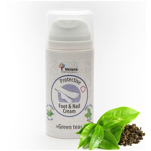Verana Защитный Крем для ног и ногтей Зелёный чай, натуральный, увлажняет и питает, укрепляет ногтевую пластину, смягчает кожу на пятках, 90г