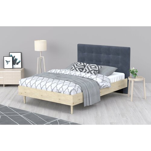 Двуспальная кровать альмена 160х190, с мягким изголовьем, серый-сосна, шенилл, деревянная, на ножках