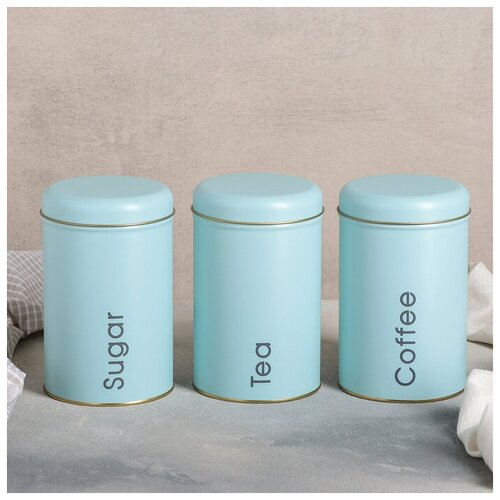 Набор банок для сыпучих продуктов Sugar Coffee Tea, 10×17 см, 3 шт, цвет голубой