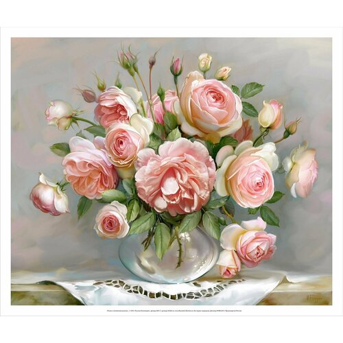Постер на холсте, "Розы в стеклянной вазочке", 50х60 см, художник - Бузин Игорь. Холст в рулоне, Арт. БИ-р1