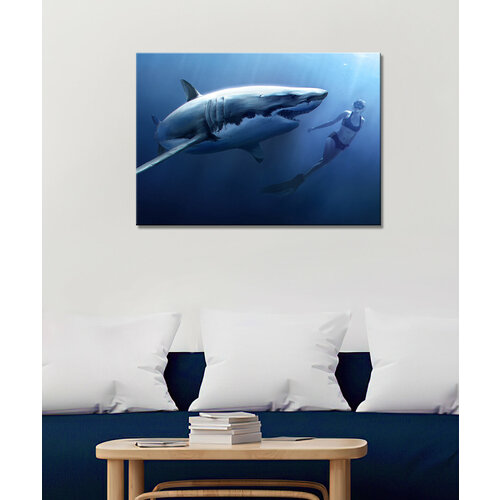 Картина -Акула, акула арт, акула рисунок, акула и человек (1) 30х40