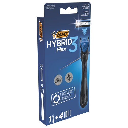 Многоразовый бритвенный станок BIC Flex 3 Hybrid, черно-синий, 4 шт.