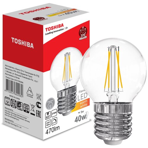 Лампа филаментная "Toshiba", теплый свет, цоколь E27, 5W, 2700K. 101760208A