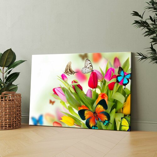 Картина на холсте (Ваза, наполненная яркими цветами и бабочками) 50x70 см. Интерьерная, на стену.
