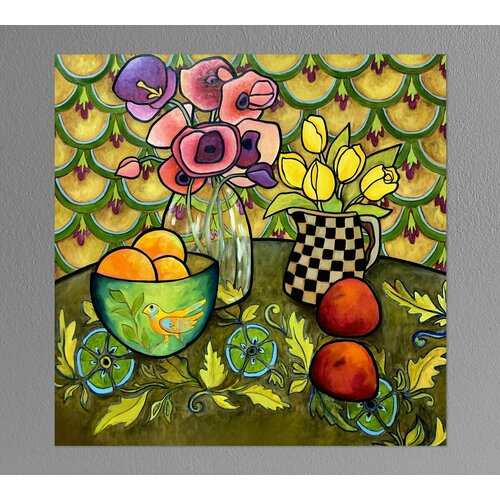 Картина для интерьера "Три вазы" Элиза Боунер 60х60 см натуральный холст. Коллекция - натюрморт, кубизм, пейзаж, мексиканская живопись.